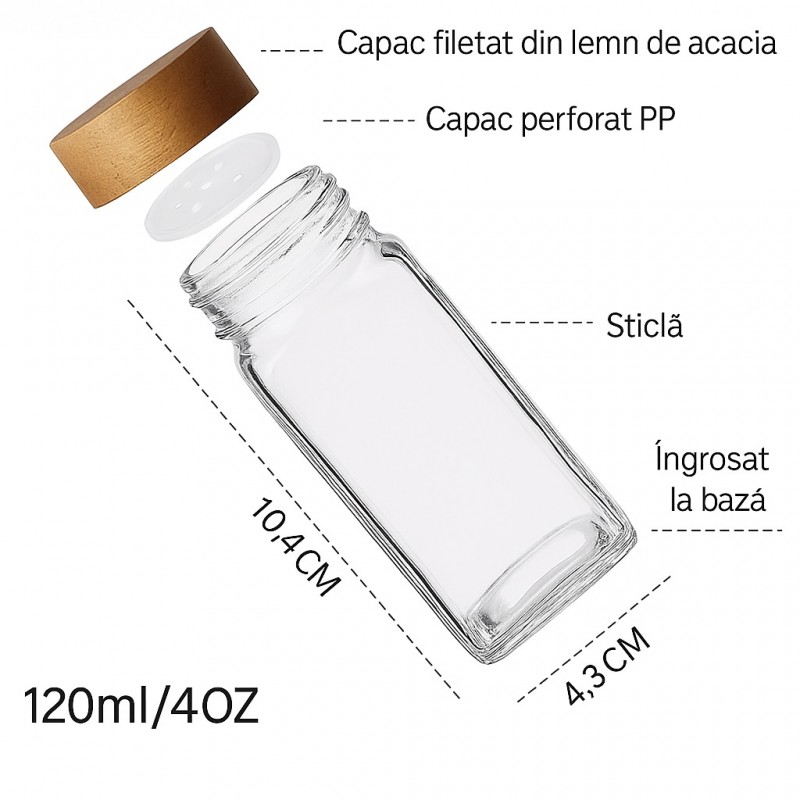 Set 12 Recipiente Condimente din Sticlă cu Capace din Lemn de Acacia ...