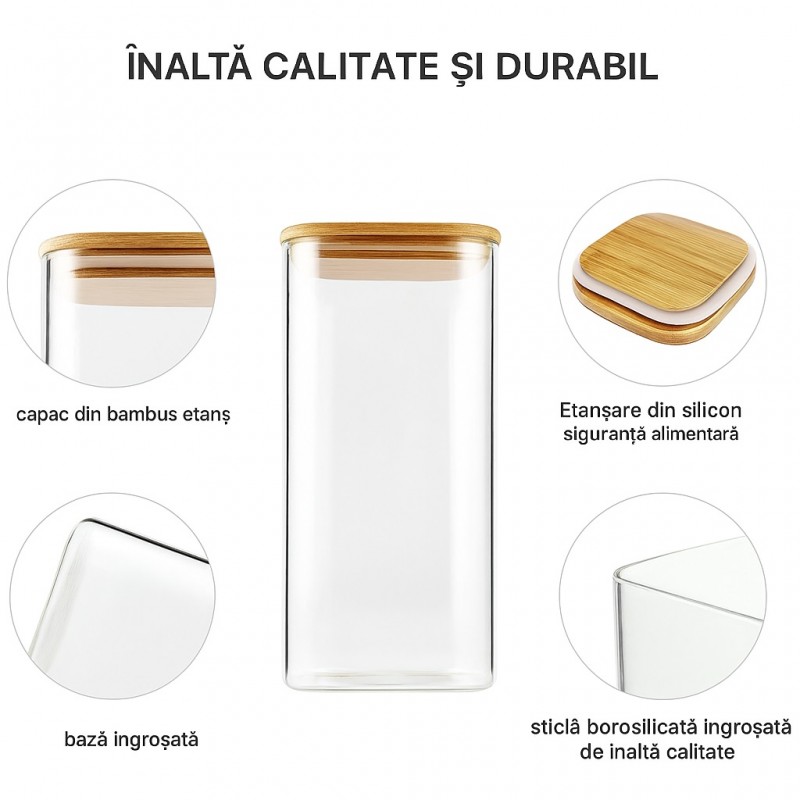Set 14 recipiente din sticla borosilicata cu capac din bambus forma ...